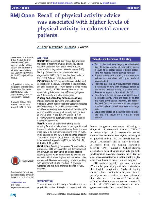 (PDF) Recall of physical activity advice was associated with higher levels of physical activity ...