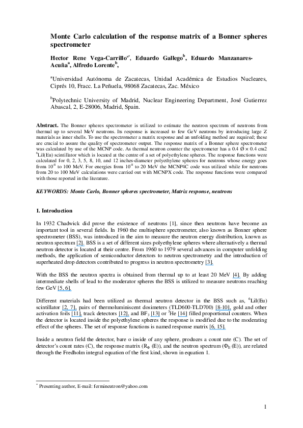 (PDF) Monte Carlo calculation of the Response Matrix of a Bonner spheres spectrometer