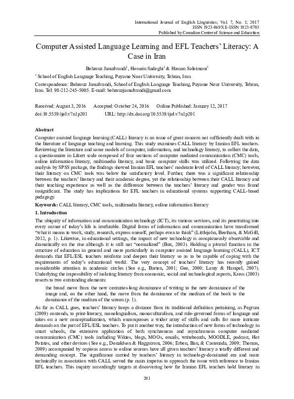(PDF) Computer Assisted Language Learning and EFL Teachers' Literacy: A Case in Iran