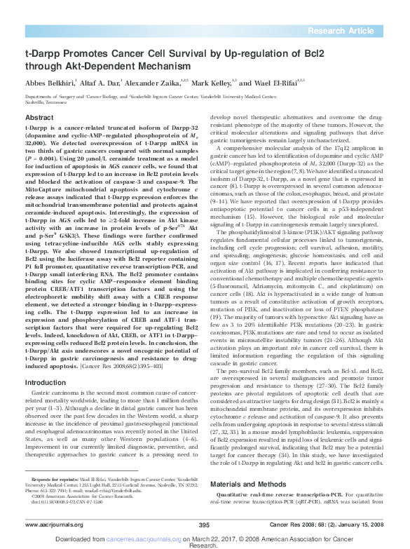 (PDF) t-Darpp Promotes Cancer Cell Survival by Up-regulation of Bcl2 ... (PDF) t-Darpp Promotes Cancer Cell Survival by Up-regulation of Bcl2 ...