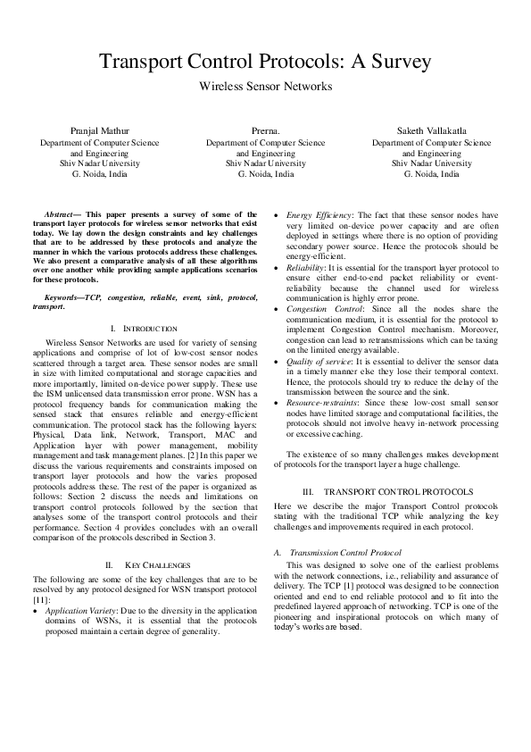(PDF) Transport Control Protocols: A Survey Wireless Sensor Networks
