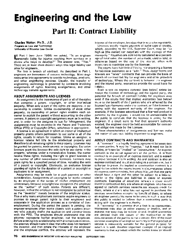 (PDF) Engineering and the Law; Part II: Contract Liability