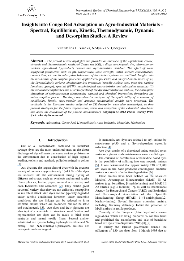 (PDF) Insights into Congo Red Adsorption on Agro-Industrial Materials-Spectral, Equilibrium ...