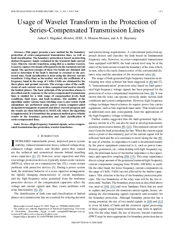 Pdf Usage Of Wavelet Transform In The Protection Of Series Compensated Transmission Lines