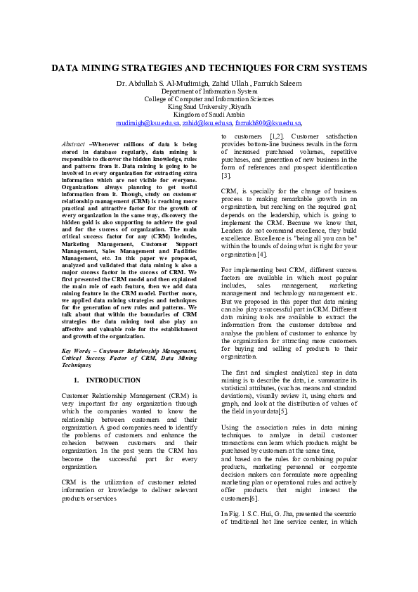 (PDF) DATA MINING STRATEGIES AND TECHNIQUES FOR CRM SYSTEMS