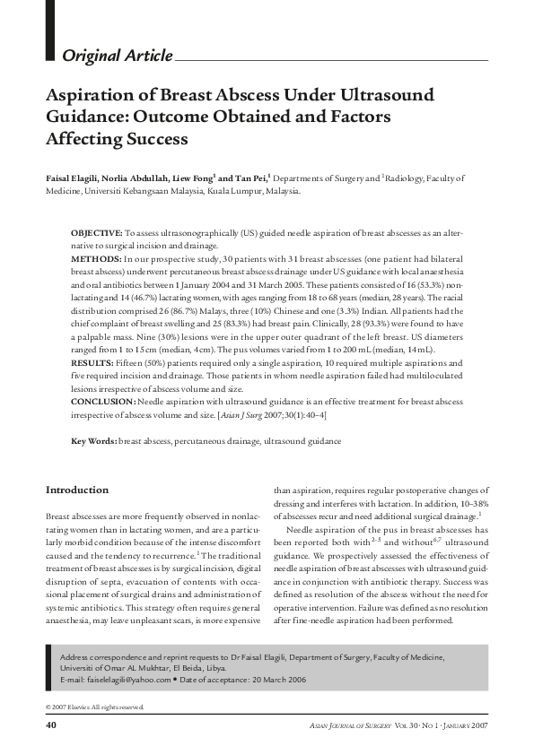 (PDF) Aspiration of Breast Abscess Under Ultrasound Guidance: Outcome ...