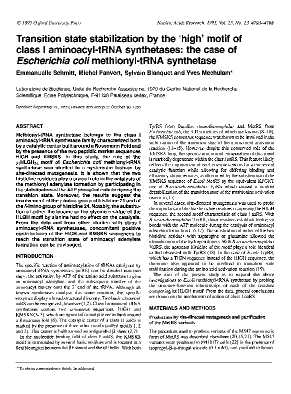 (PDF) Asymmetric Amino Acid Activation by Class II Histidyl-tRNA ...