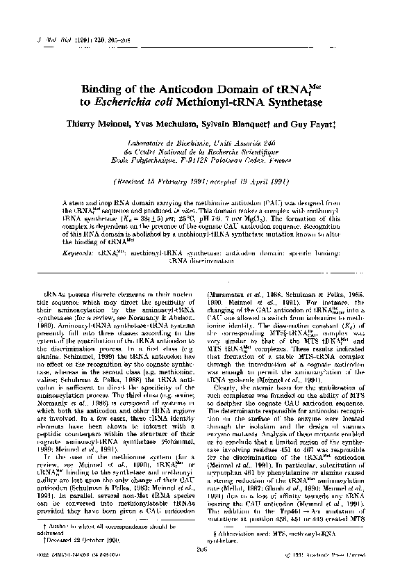 (PDF) Binding of the anticodon domain of tRNAfMet to Escherichia coli ...