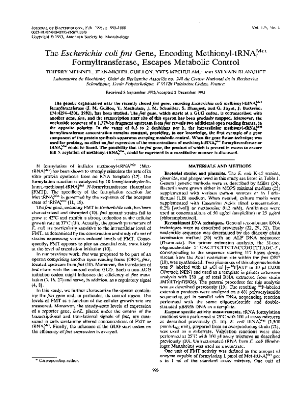 (PDF) The Escherichia coli fmt gene, encoding methionyl-tRNA(fMet ...