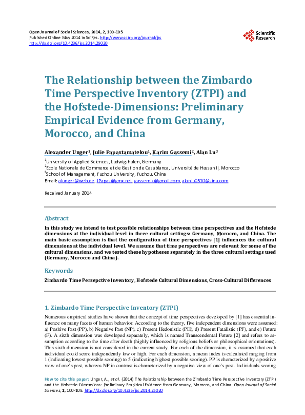 Pdf The Relationship Between The Zimbardo Time Perspective Inventory