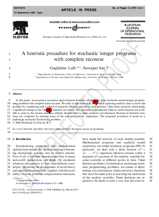 (PDF) A heuristic procedure for stochastic integer programs with complete recourse