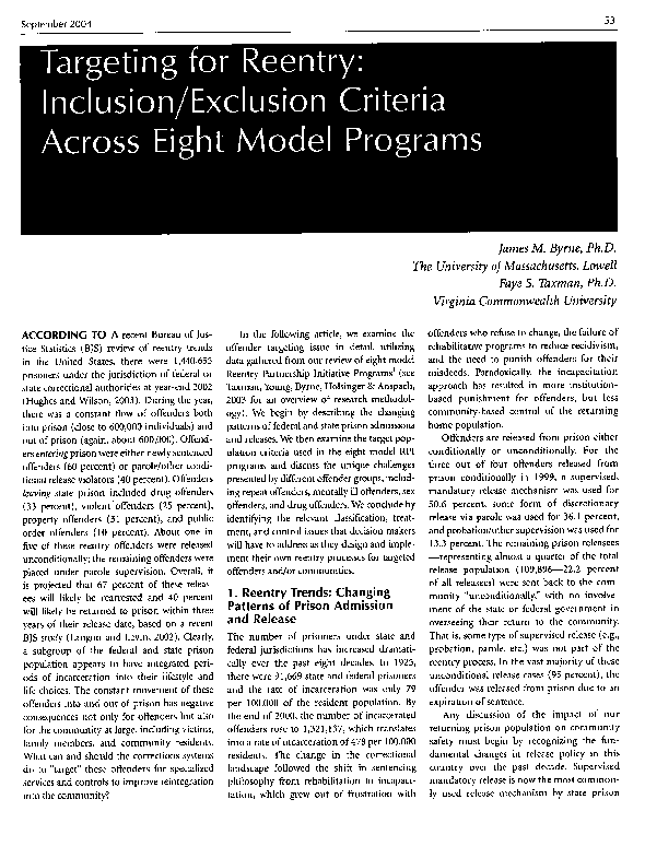(PDF) Targeting for Reentry: Inclusion/Exclusion Criteria Across Eight ...
