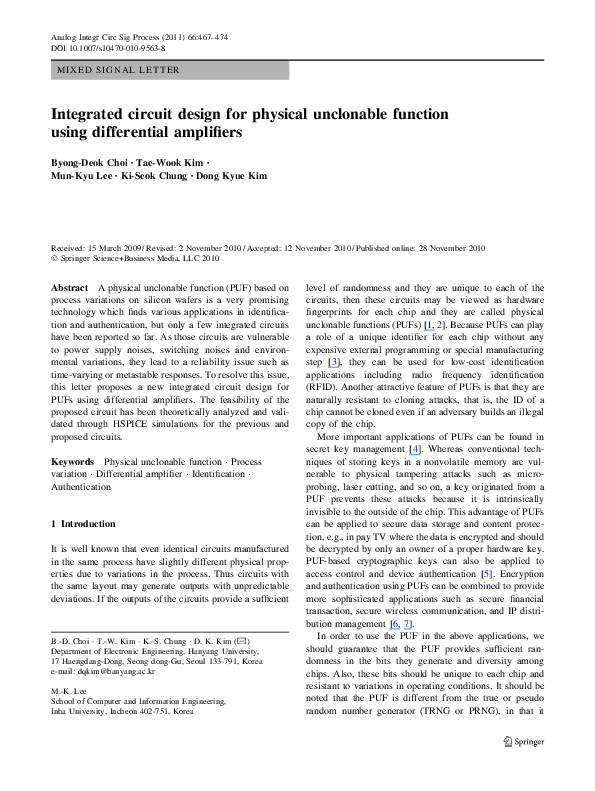 (PDF) Integrated circuit design for physical unclonable function using differential amplifiers