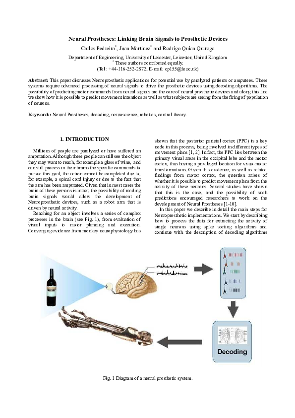 (PDF) Neural Prostheses: Linking Brain Signals to Prosthetic Devices
