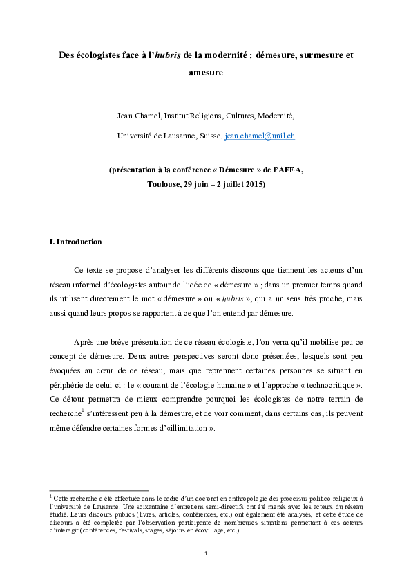 (PDF) Des écologistes face à l'hubris de la modernité : démesure ...