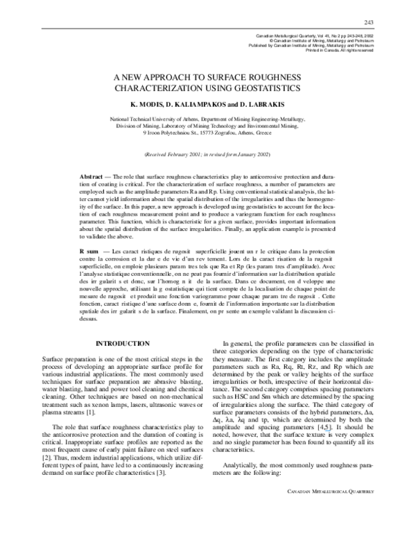 (PDF) A New Approach to Surface Roughness Characterization Using Geostatistics