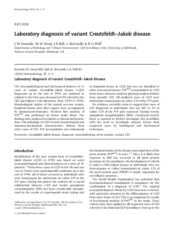 (PDF) Laboratory diagnosis of variant Creutzfeldt-Jakob disease