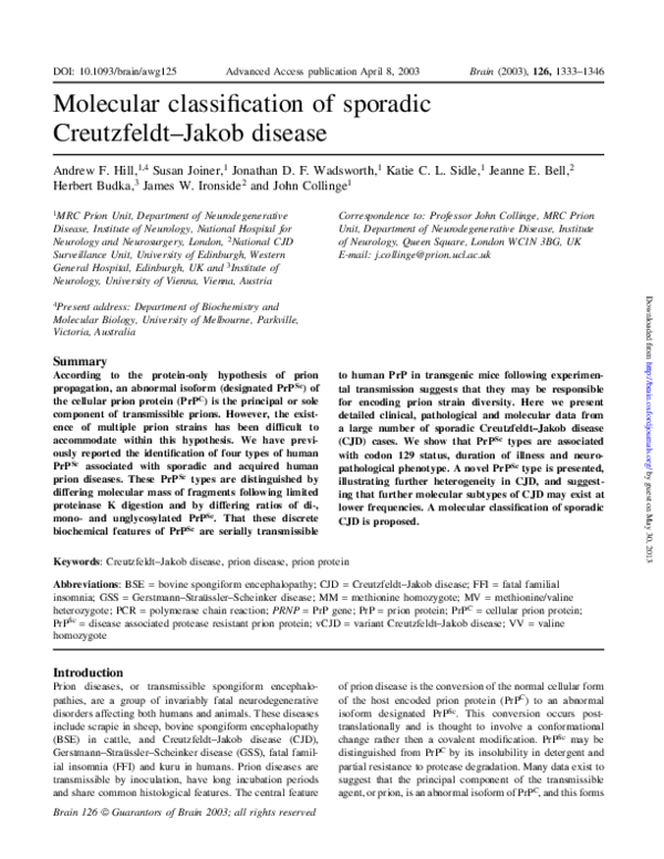 (PDF) Molecular classification of sporadic Creutzfeldt-Jakob disease ...