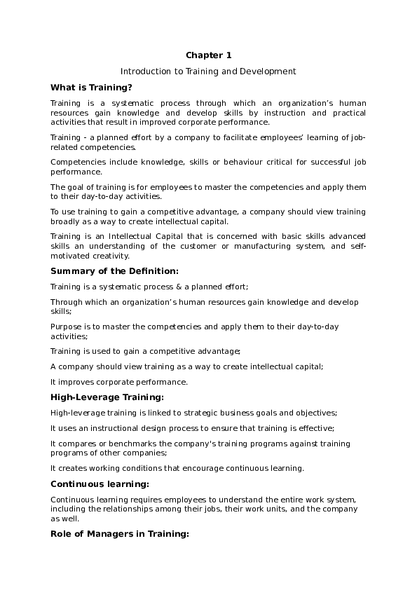 (DOC) Introduction to Training and Development