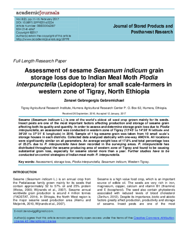 (PDF) Assessment of sesame Sesamum indicum grain storage loss due to ...