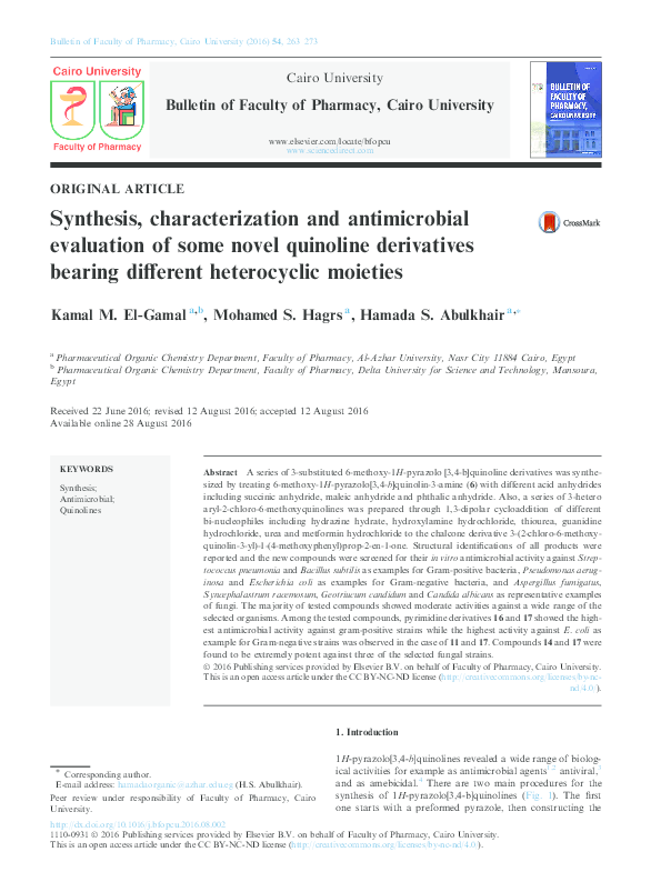 Synthesis, characterization and antimicrobial evaluation of some novel quinoline derivatives ...