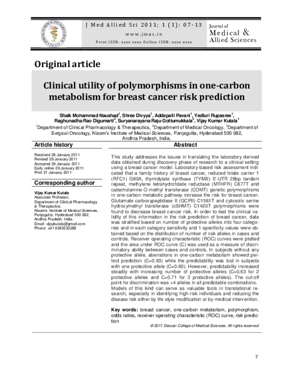 (PDF) Clinical Utility of polymorphisms in one-carbon metabolism for ...