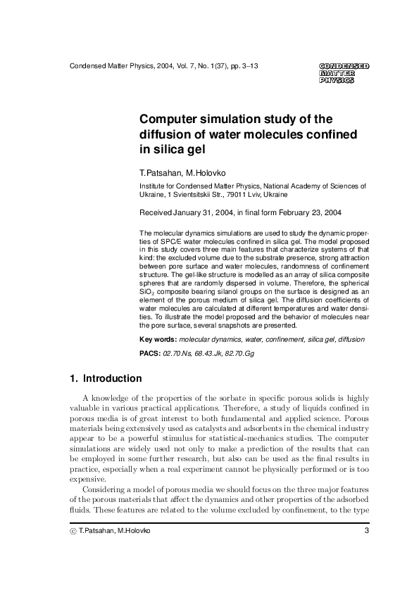 (PDF) Computer simulation study of the diffusion of water molecules conned in silica gel | M ...