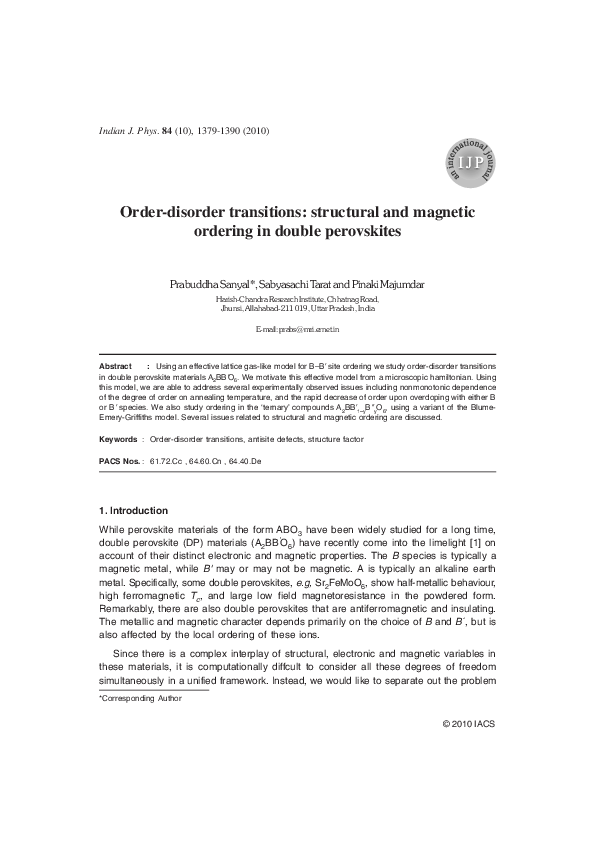 (PDF) Order-disorder transitions: structural and magnetic ordering in ...
