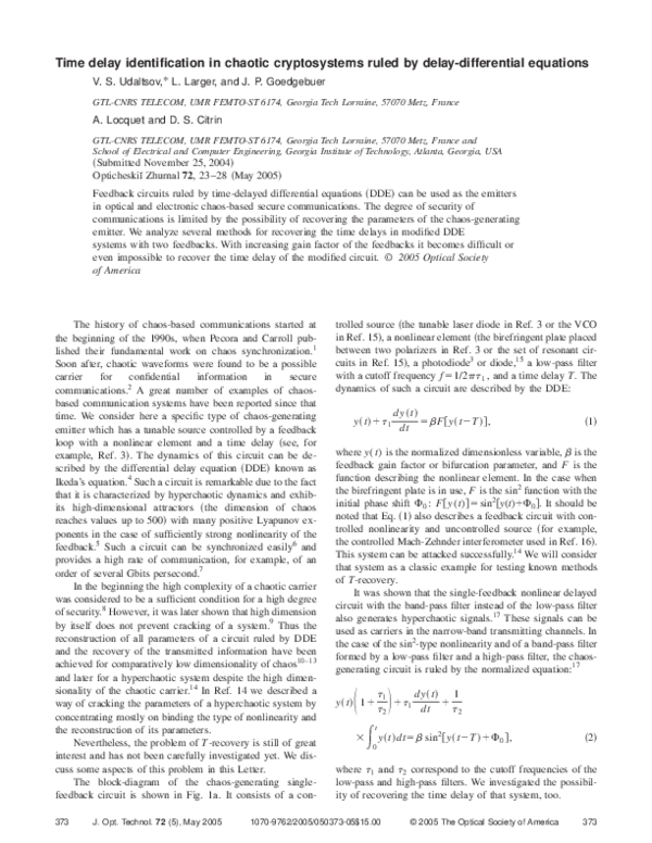 Pdf Time Delay Identification In Chaotic Cryptosystems Ruled By Delay 0907