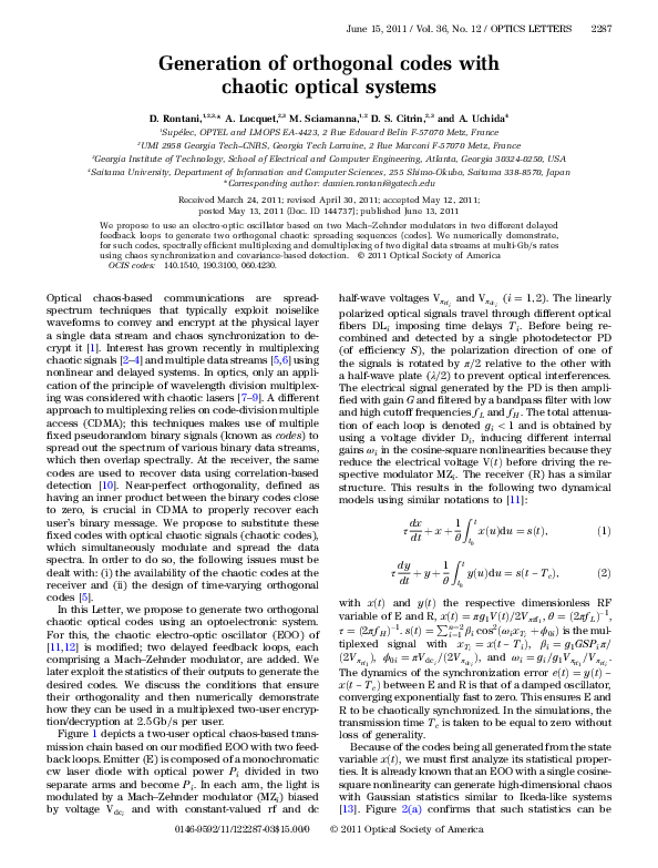 (PDF) Generation of orthogonal codes with chaotic optical systems | Alexandre Locquet - Academia.edu
