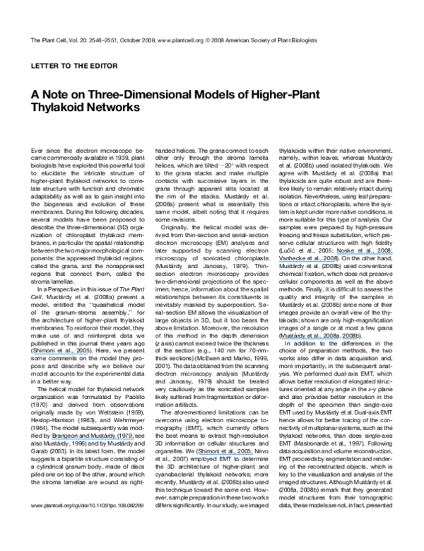 (PDF) A Note on Three-Dimensional Models of Higher-Plant Thylakoid Networks