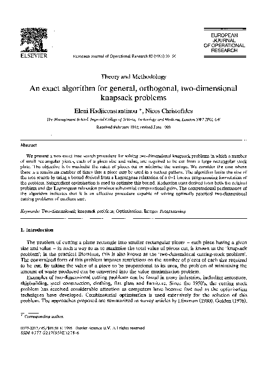 (PDF) An exact algorithm for general, orthogonal, two-dimensional knapsack problems
