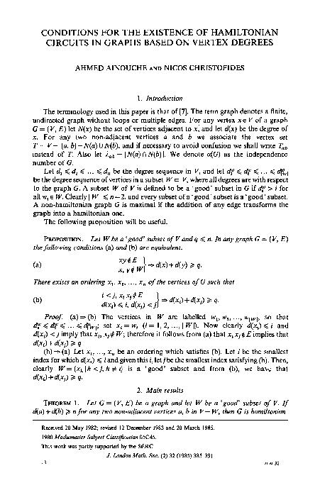(PDF) Conditions for the Existence of Hamiltonian Circuits in Graphs Based on Vertex Degrees