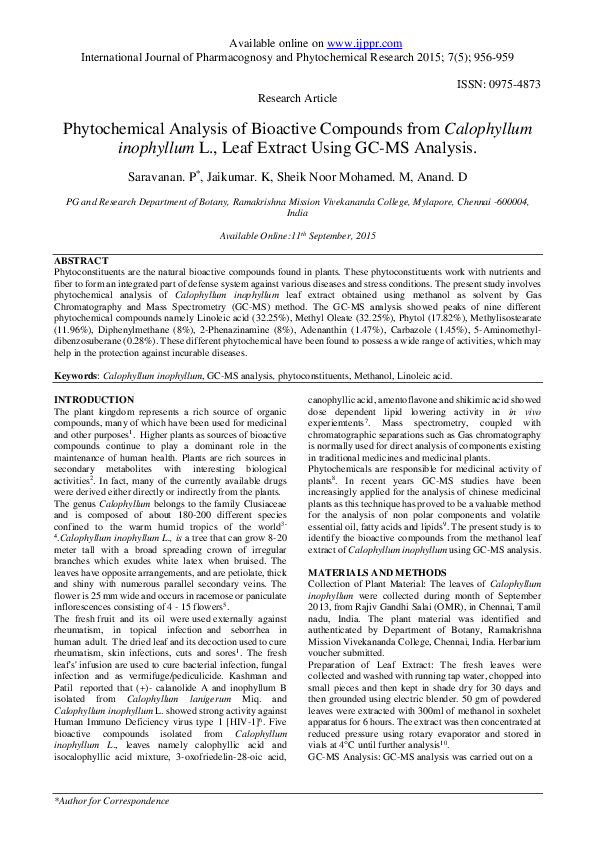 (PDF) Phytochemical Analysis of Bioactive Compounds from Calophyllum inophyllum L., Leaf Extract ...