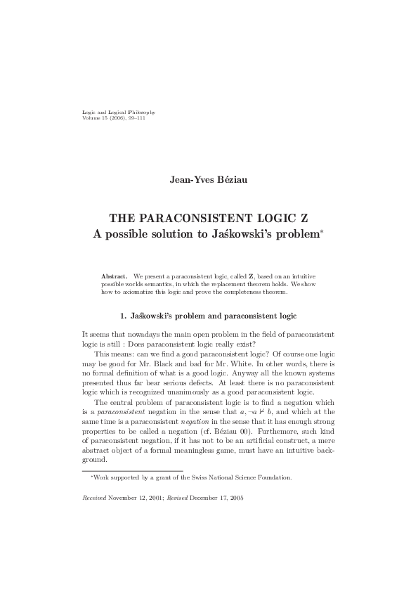 (PDF) The paraconsistent logic Z. A possible solution to Jaśkowski’s problem