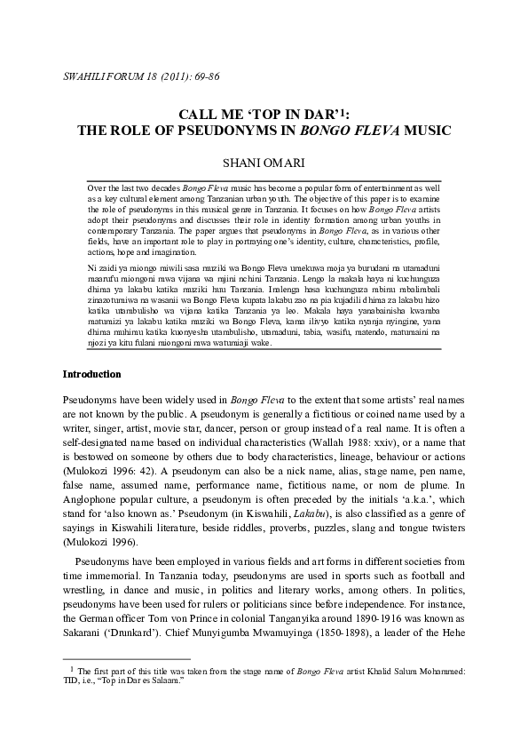 (PDF) Call me ‘Top in Dar’ : the role of pseudonyms in Bongo Fleva music