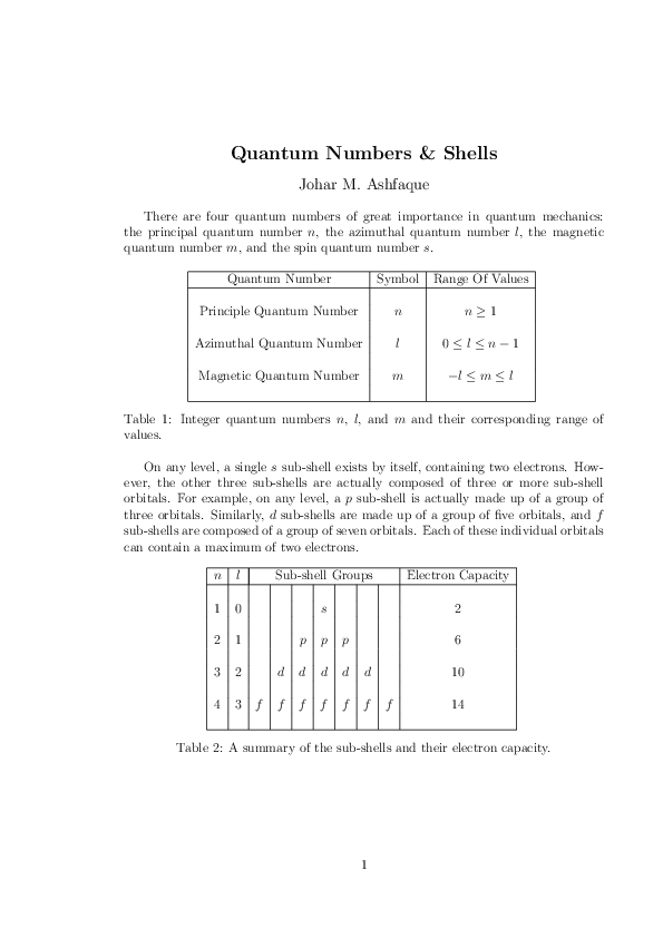 (PDF) Quantum Numbers & Shells