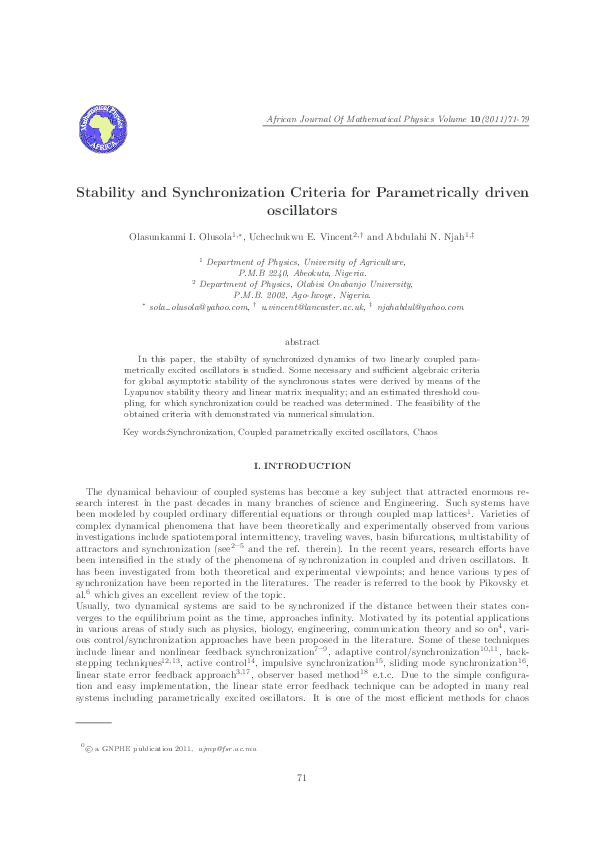(PDF) Stability and Synchronization Criteria for Parametrically driven oscillators