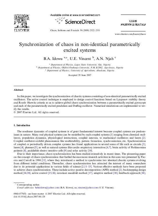 (PDF) Synchronization of chaos in non-identical parametrically excited systems