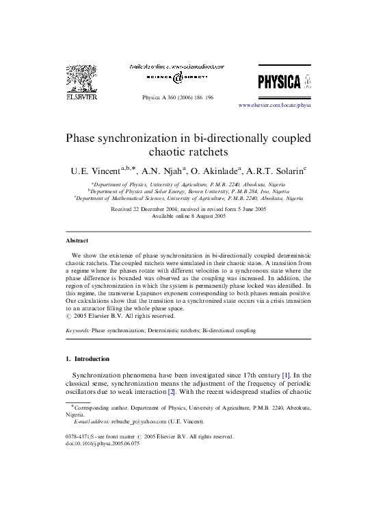 Pdf Phase Synchronization In Bi Directionally Coupled Chaotic Ratchets Prof Uchechukwu