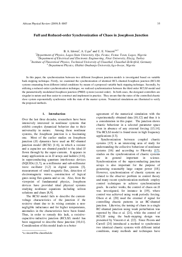 (PDF) Full and reduced-order synchronization of chaos in josephson junction