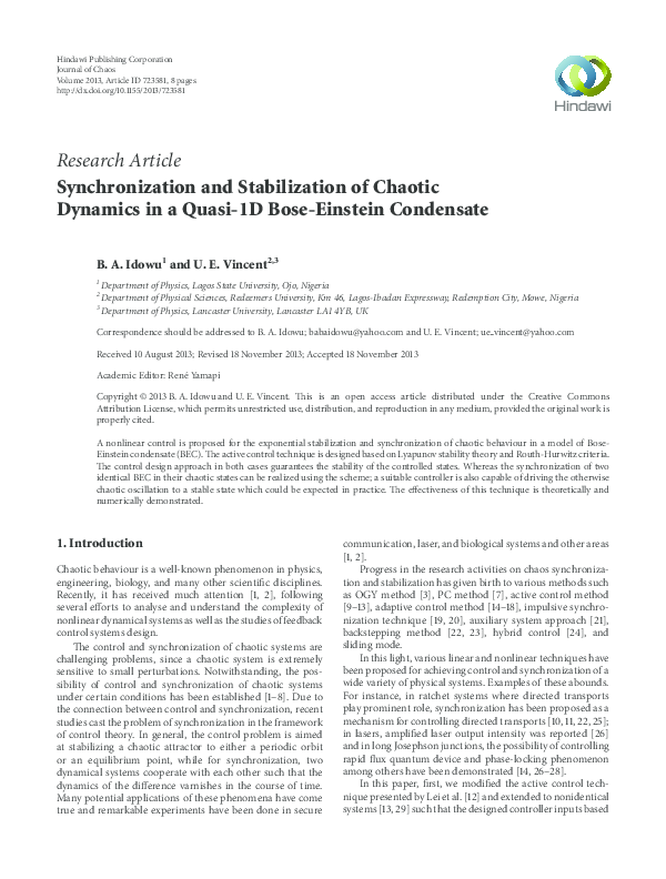 (PDF) Synchronization and Stabilization of Chaotic Dynamics in a Quasi-1D Bose-Einstein Condensate