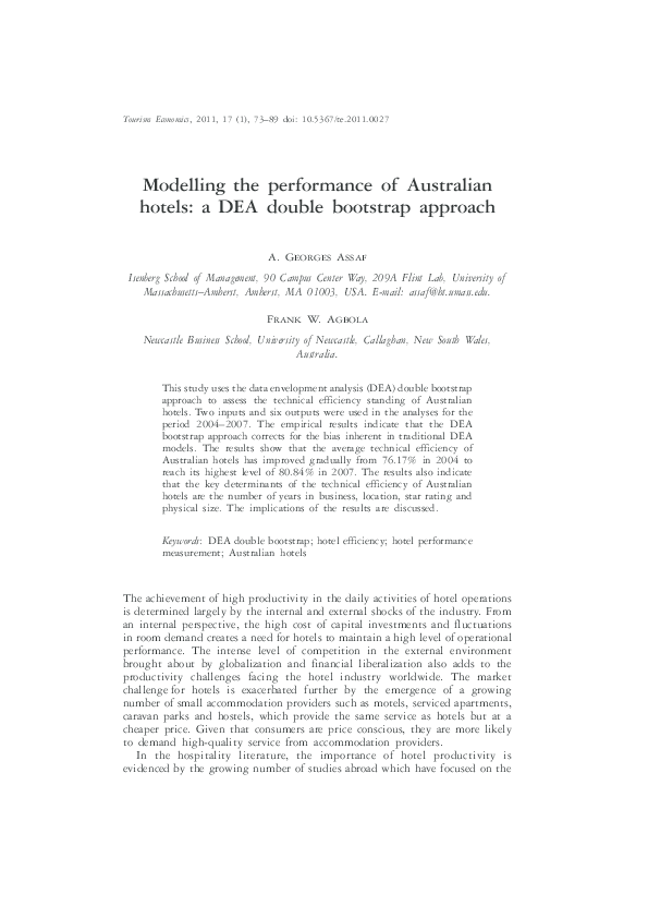 Pdf Modelling The Performance Of Australian Hotels A Dea Double Bootstrap Approach Frank W