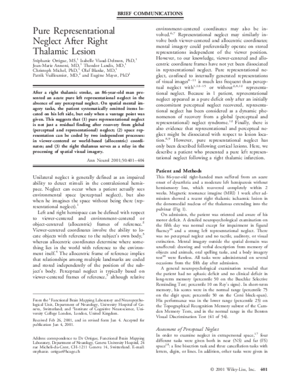 (PDF) Pure representational neglect after right thalamic lesion