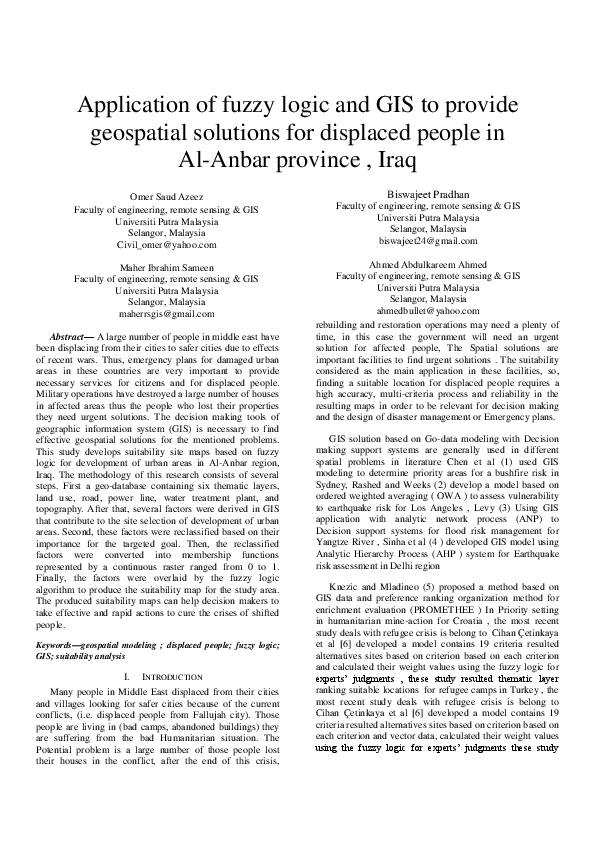 Pdf Application Of Fuzzy Logic And Gis To Provide Geospatial Solutions For Displaced People In