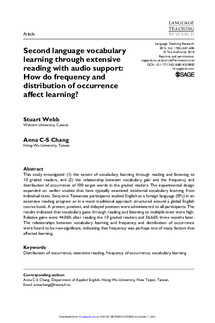 (PDF) Second language vocabulary learning through extensive reading with audio support: How do ...