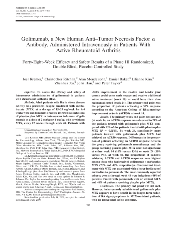 (PDF) Golimumab, a new human anti-tumor necrosis factor α antibody, administered intravenously ...