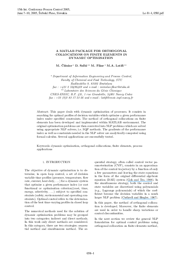 Pdf A Matlab Package For Orthogonal Collocations On Finite Elements In Dynamic Optimisation