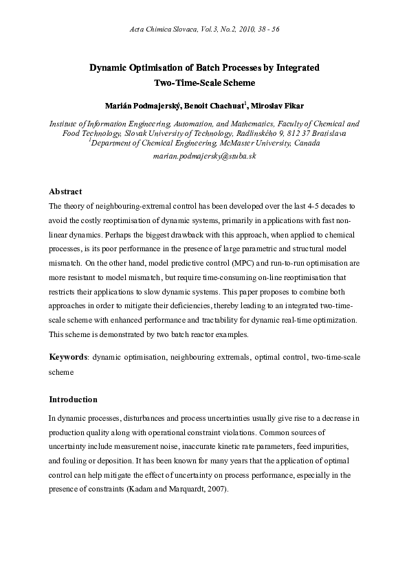 (PDF) Dynamic Optimisation of Batch Processes by Integrated Two-Time ...