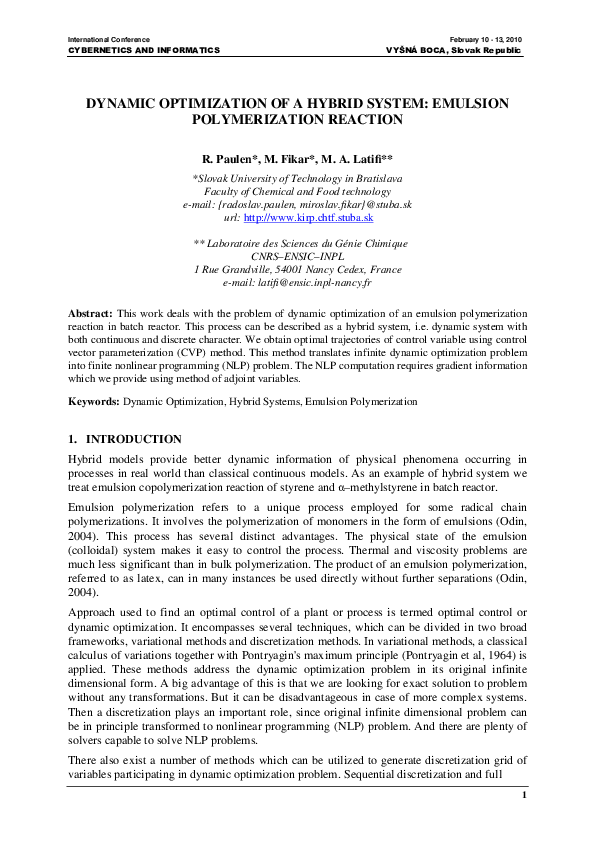 (PDF) Dynamic Optimization of a Hybrid System: Emulsion Polymerization Reaction